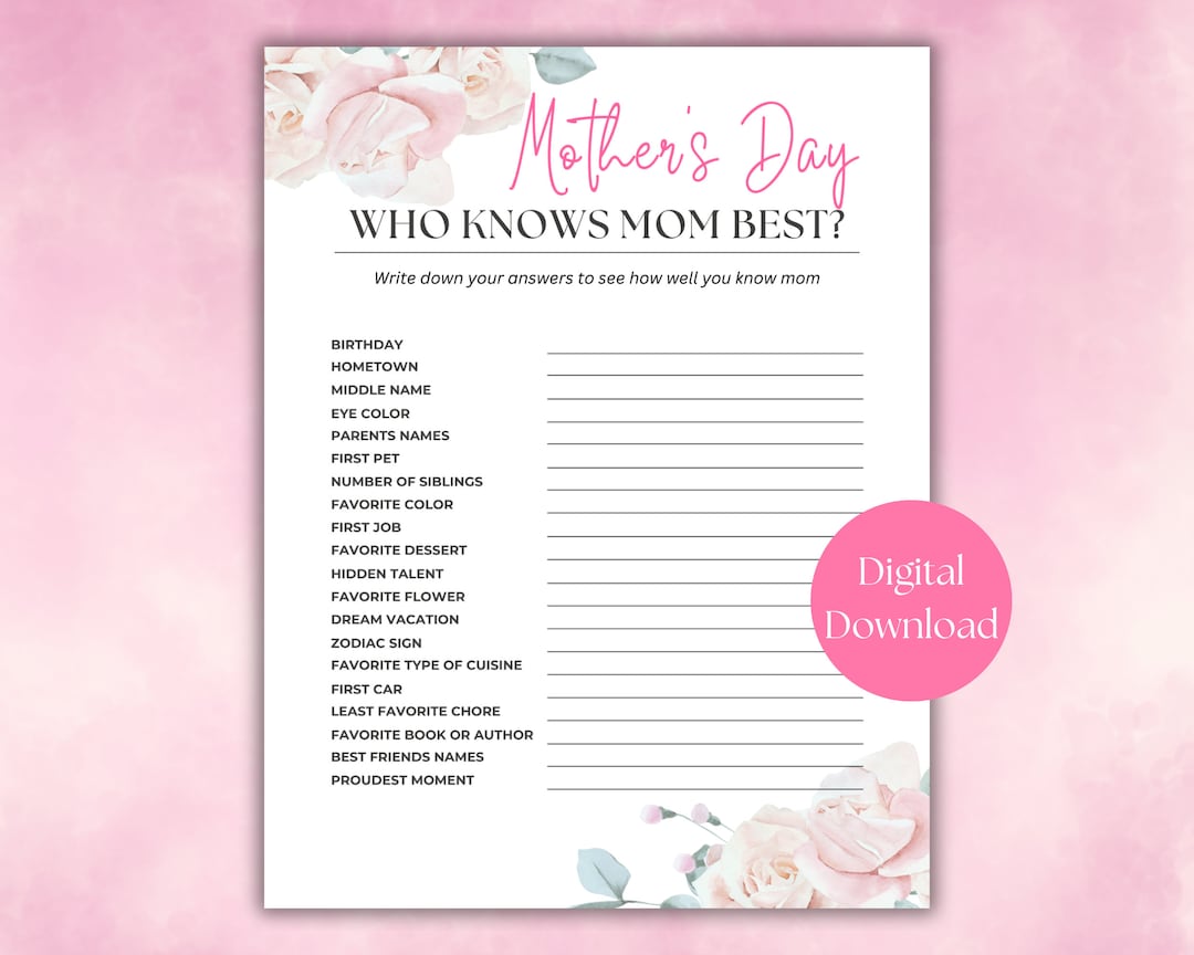 Who Knows Mom Best Mother's Day Game, All About My Mom Printable Game ...