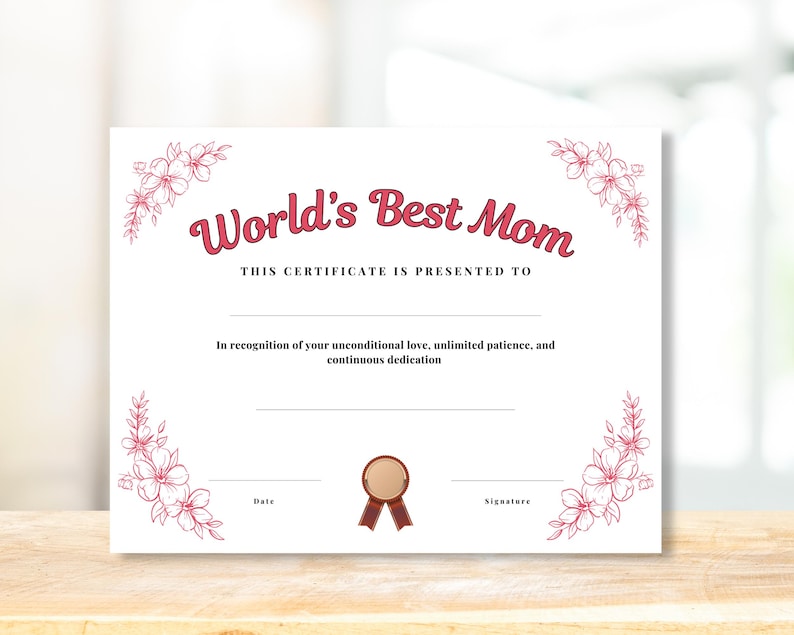 World's Best Mom Printable Certificate, Mother's Day Certificate ...