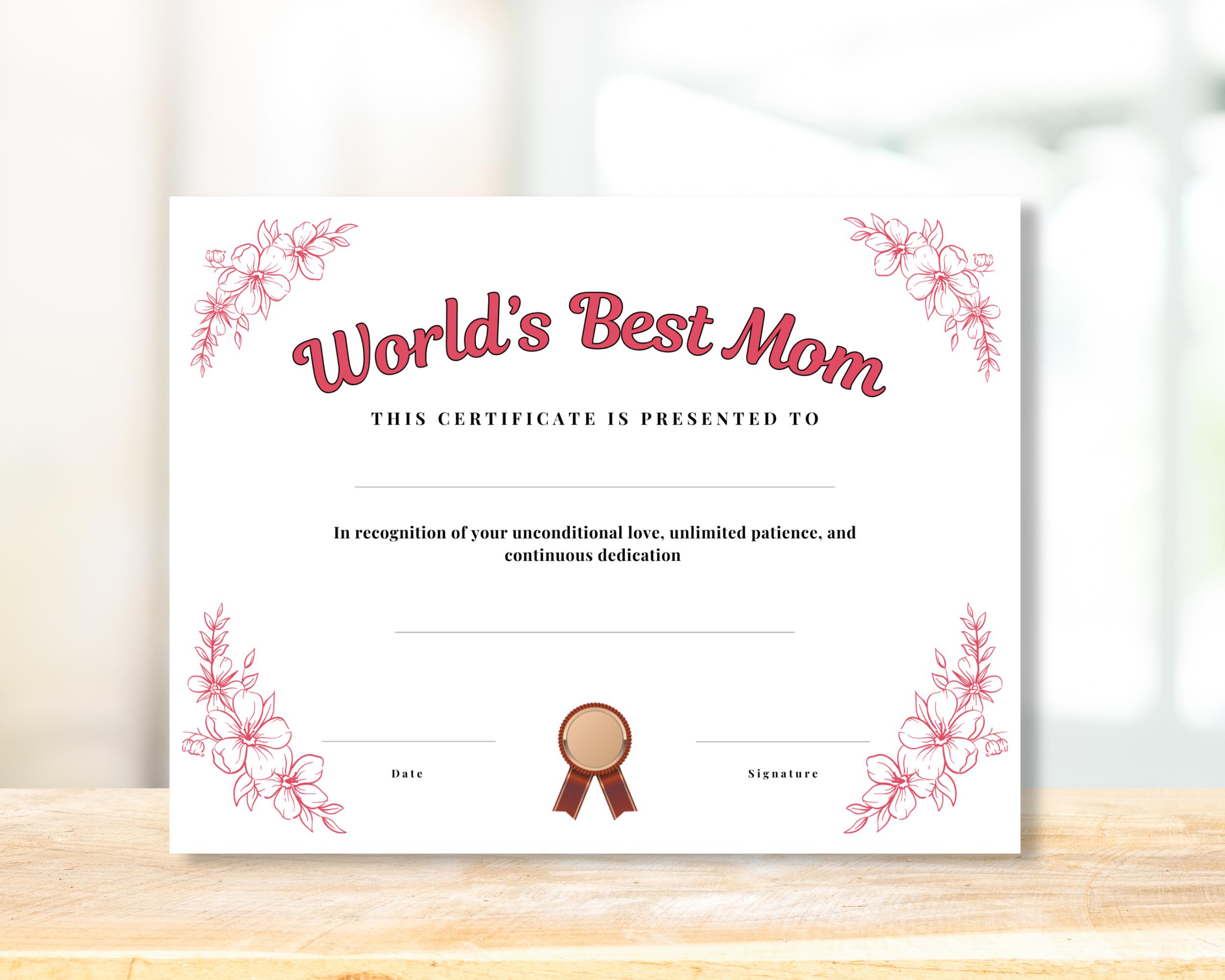 World's Best Mom Printable Certificate, Mother's Day Certificate ...