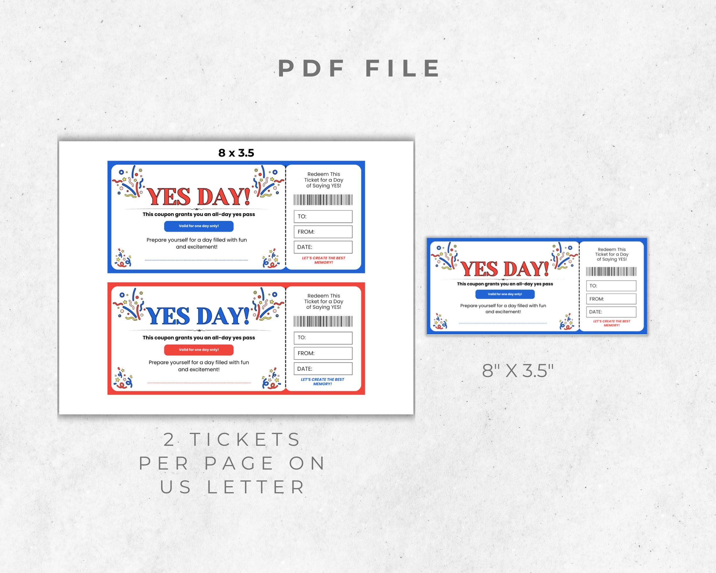 Yes Day Ticket Printable, Fun Day Ticket, Yes Day Voucher, Yes Day ...