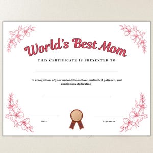 World's Best Mom Printable Certificate, Mother's Day Certificate ...