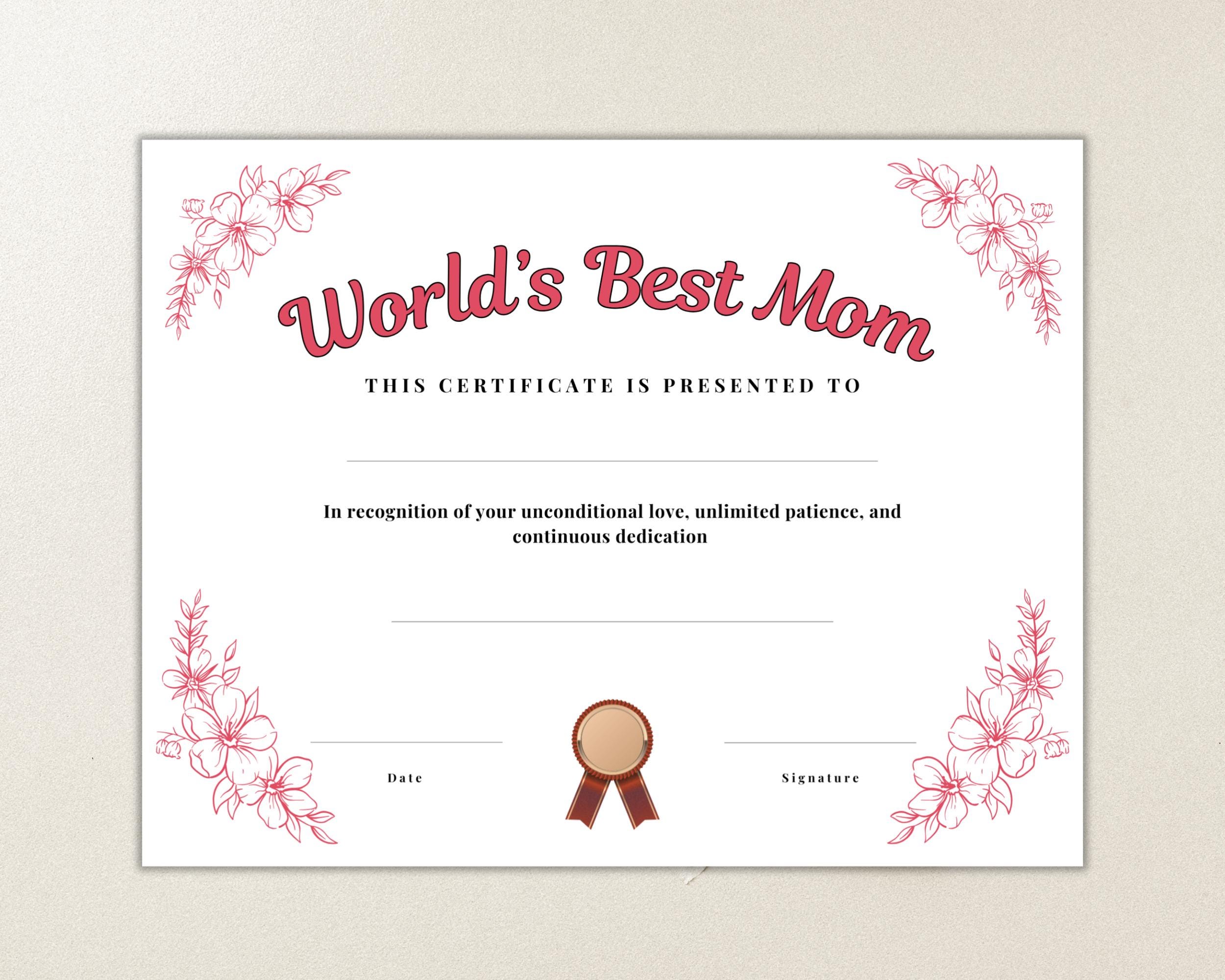 World's Best Mom Printable Certificate, Mother's Day Certificate ...
