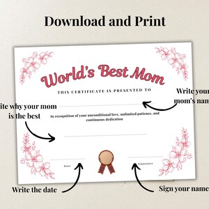 World's Best Mom Printable Certificate, Mother's Day Certificate ...