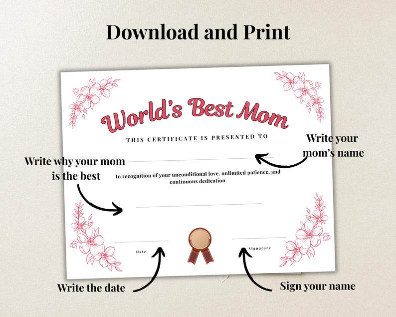 World's Best Mom Printable Certificate, Mother's Day Certificate ...