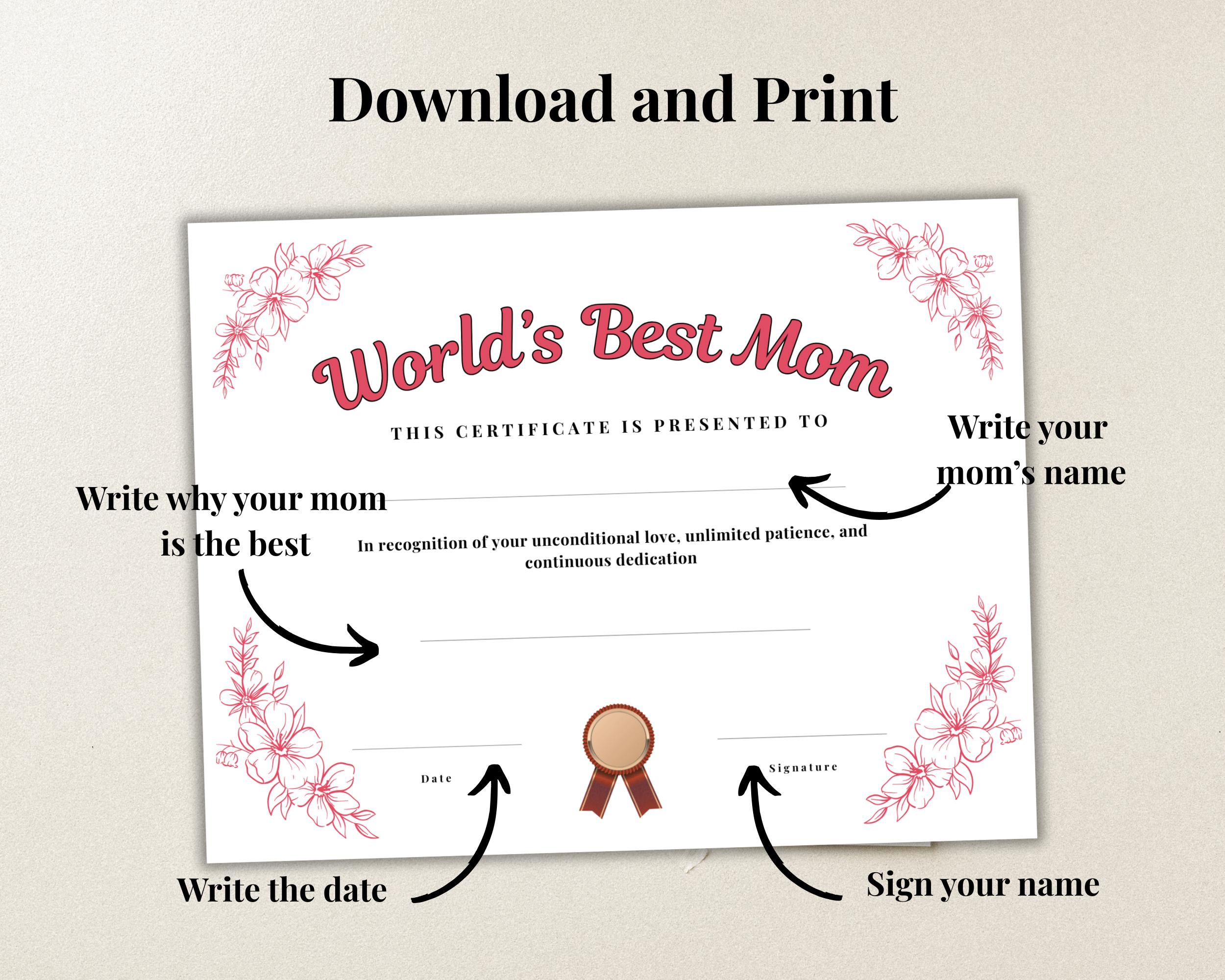 World's Best Mom Printable Certificate, Mother's Day Certificate ...