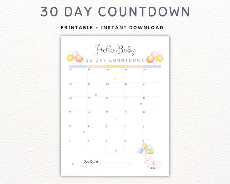 Pregnancy Countdown Calendar, 30 Days to Baby (printable PDF) - Etsy