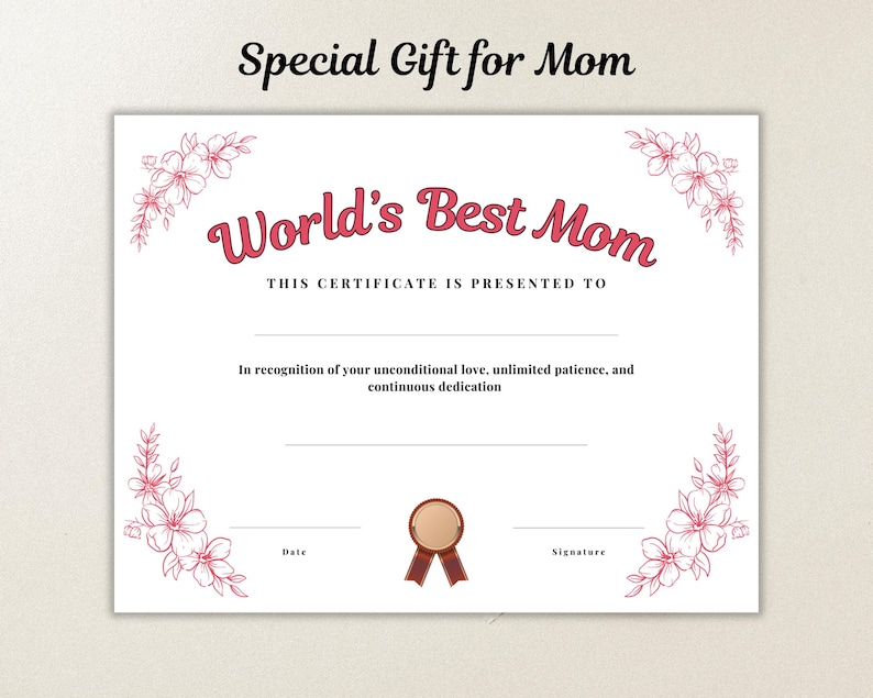 World's Best Mom Printable Certificate, Mother's Day Certificate ...