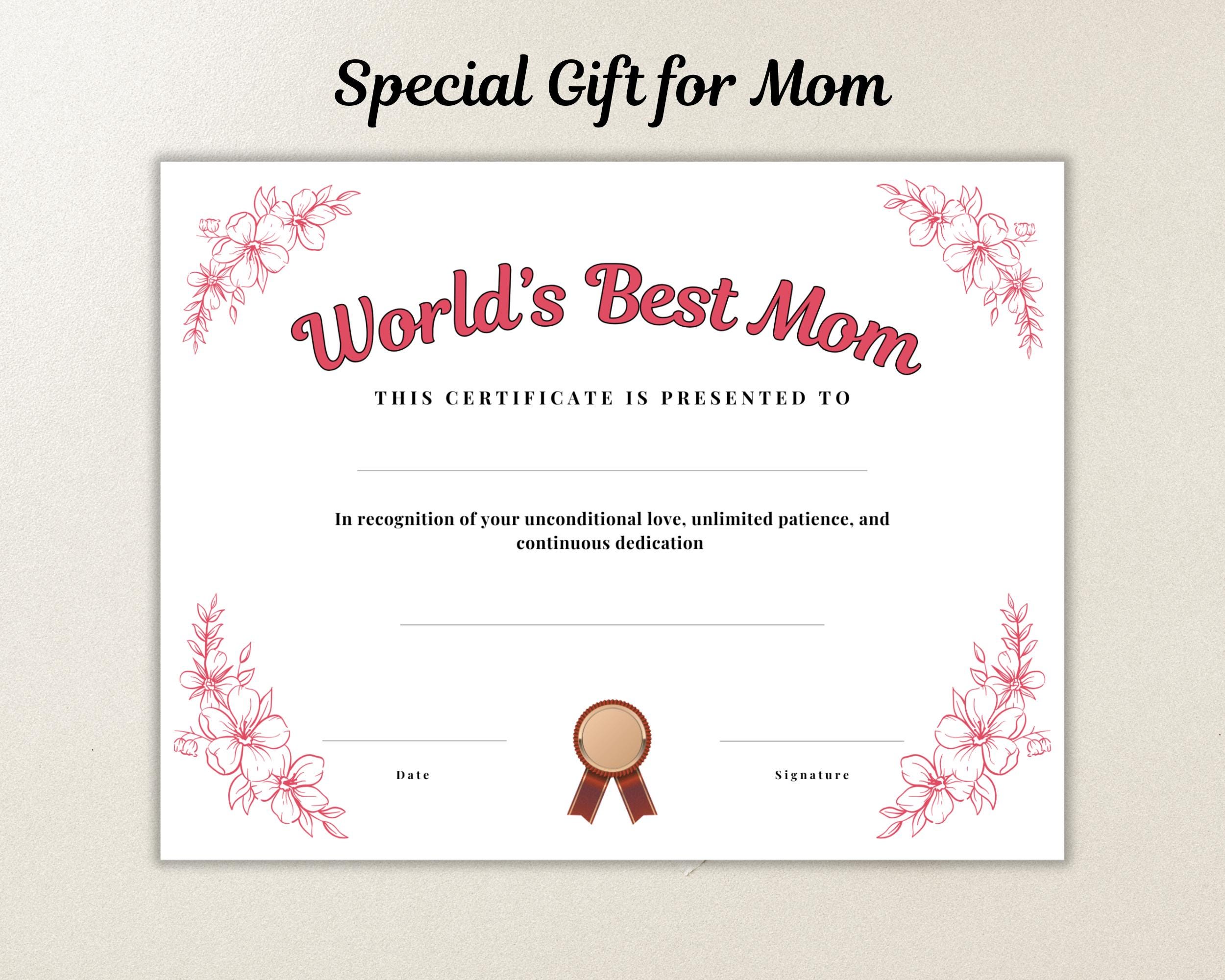 World's Best Mom Printable Certificate, Mother's Day Certificate ...