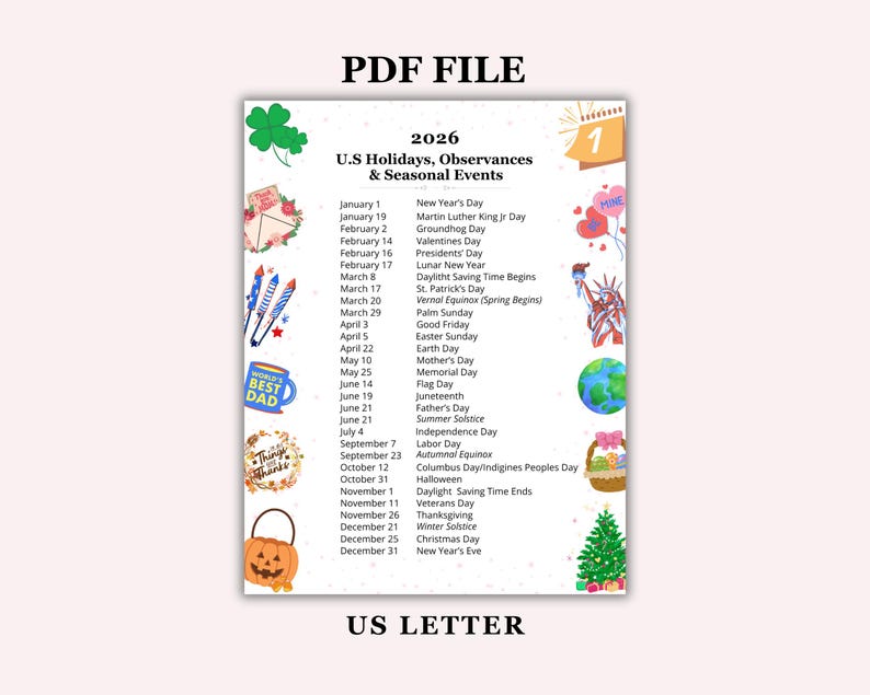 2026 Holidays List Printable One Page Calendar, Observances & Seasonal ...