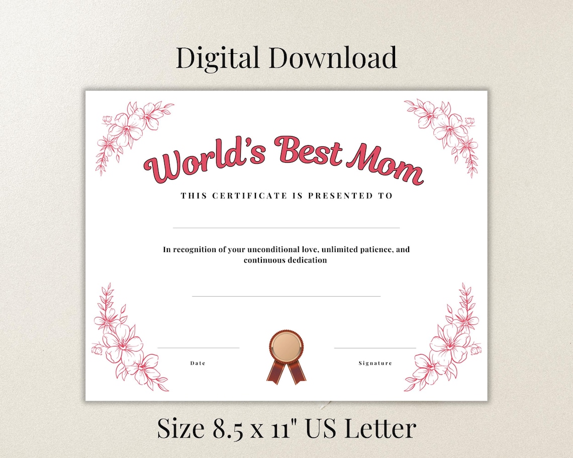 World's Best Mom Printable Certificate, Mother's Day Certificate ...