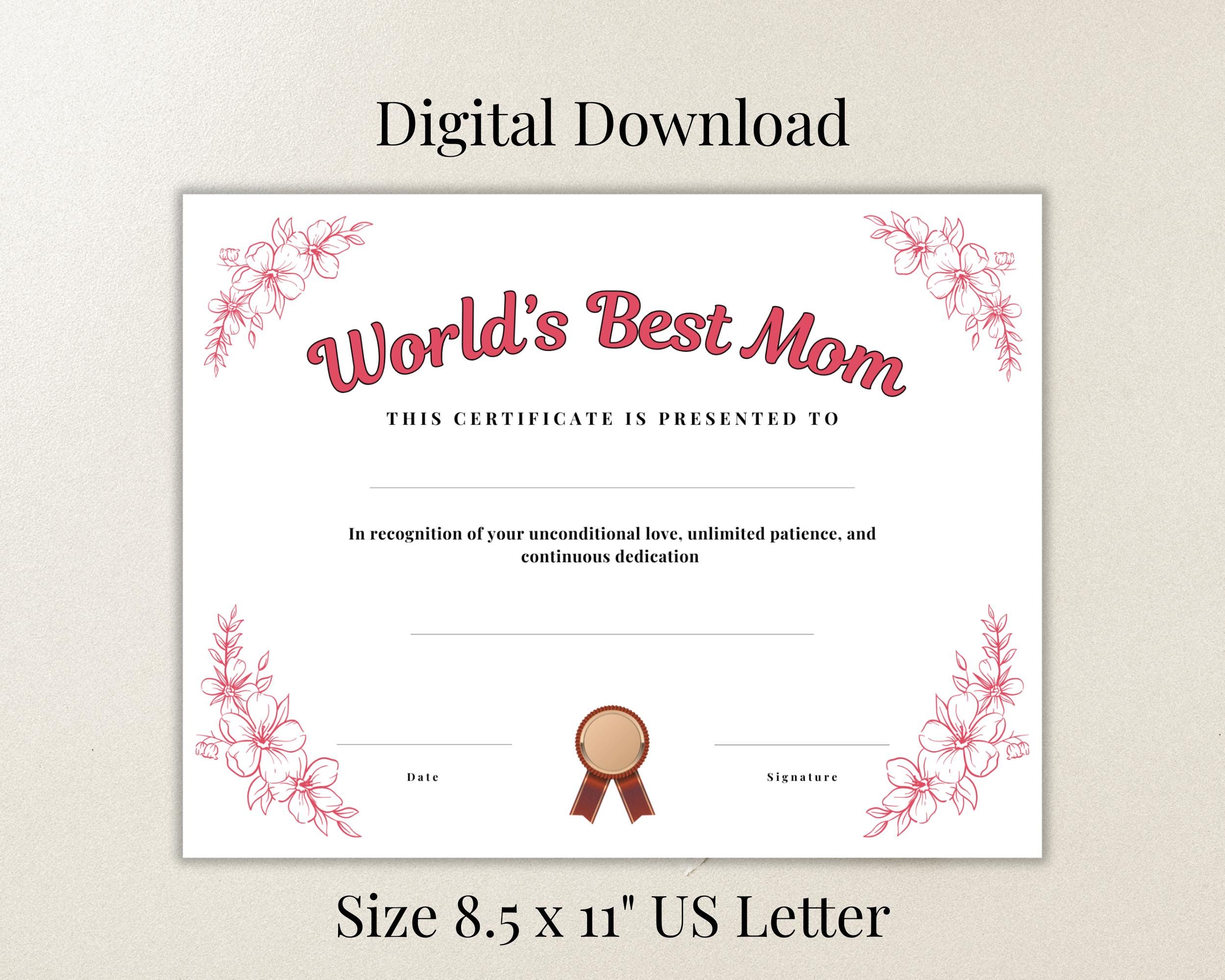 World's Best Mom Printable Certificate, Mother's Day Certificate ...