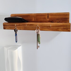 Handmade Wooden Shelf With Key Holder Hooks, Wooden Storage Shelf ...
