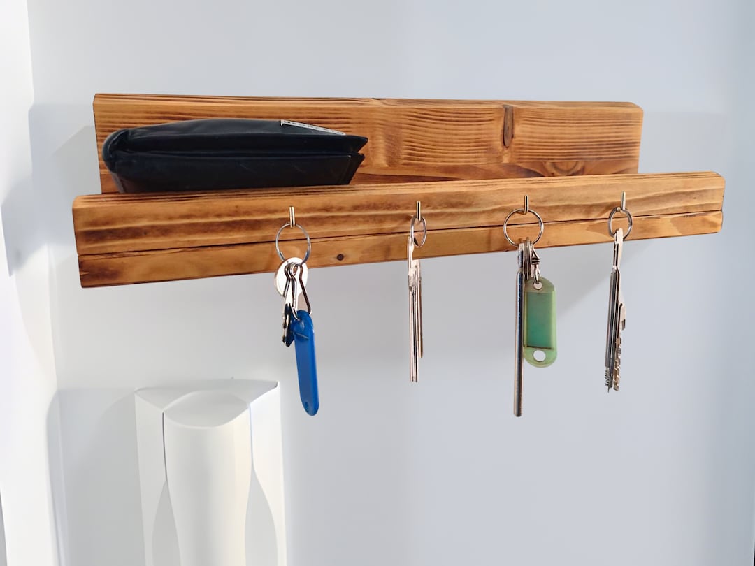 Handmade Wooden Shelf With Key Holder Hooks, Wooden Storage Shelf ...