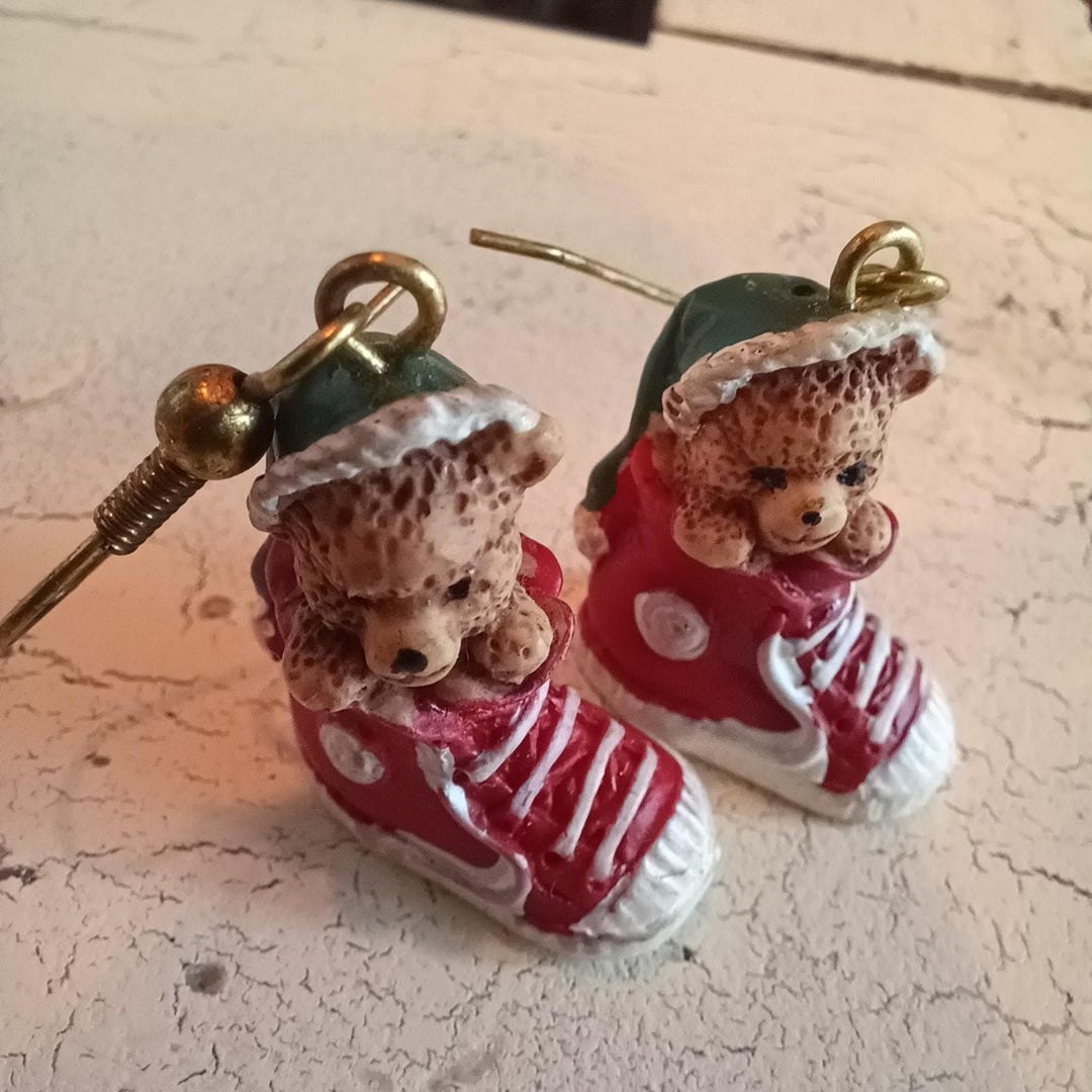 Vintage Christmas Teddy Bear in Converse Style Sneaker Earrings. Cutest ...