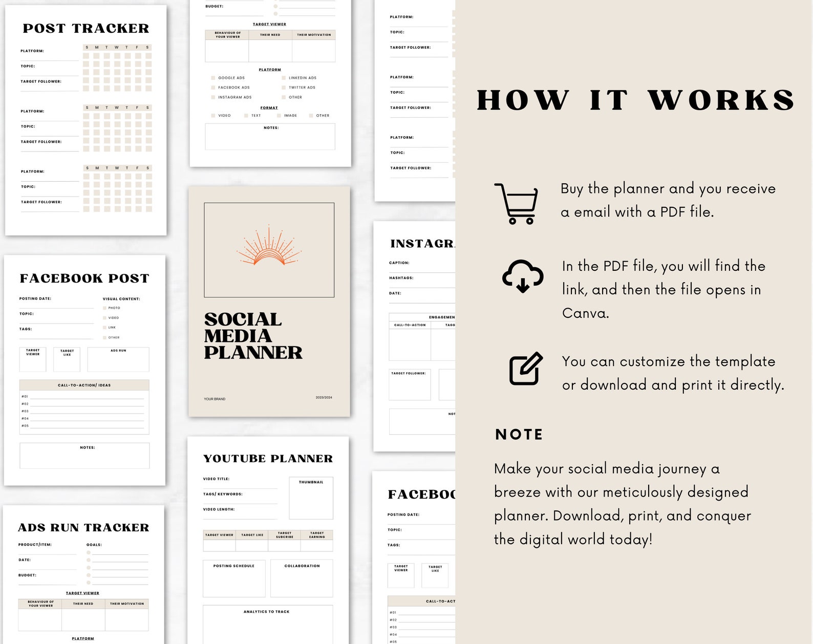 Workbook Social Media Planner, Digital Workbook Planner, Beige ...