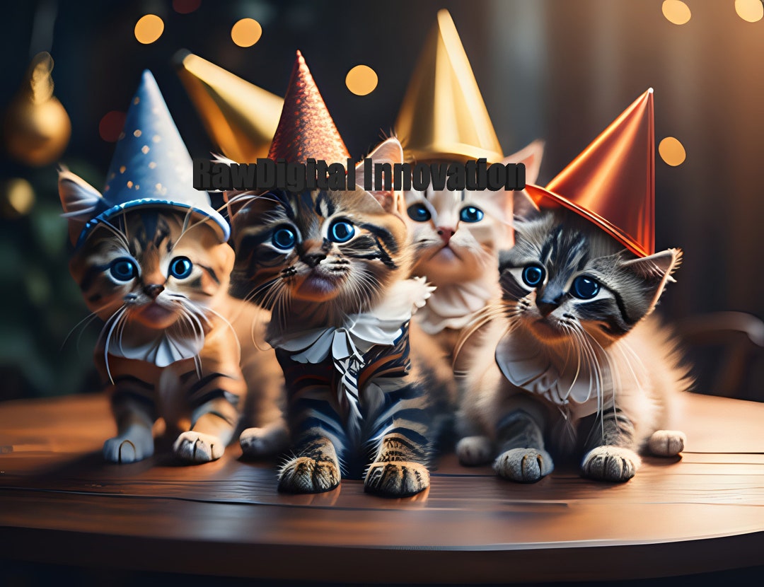 Adorable New Year Kittens: 4 Festive Digital Prints of Cats in Party ...