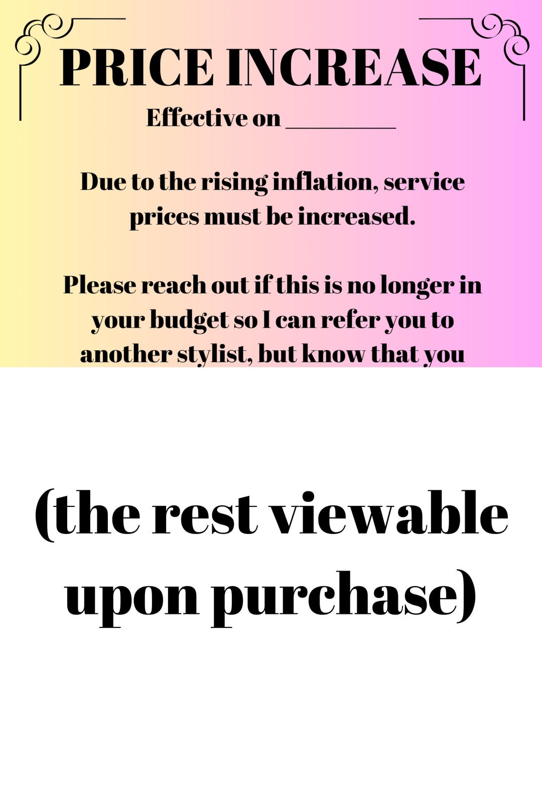 Hairstylist Price Increase Sign, Salon Price Notice (PDF) - Etsy