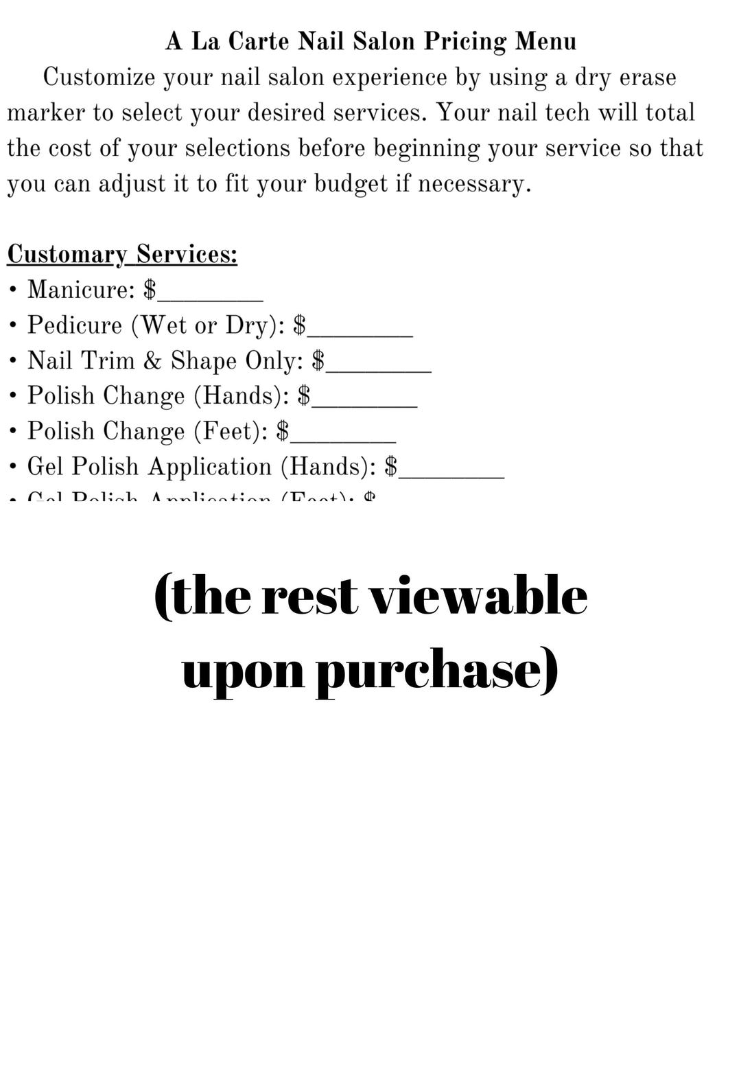 Nail Salon Service Menu A La Carte Nail Prices A La Carte Nail Services ...