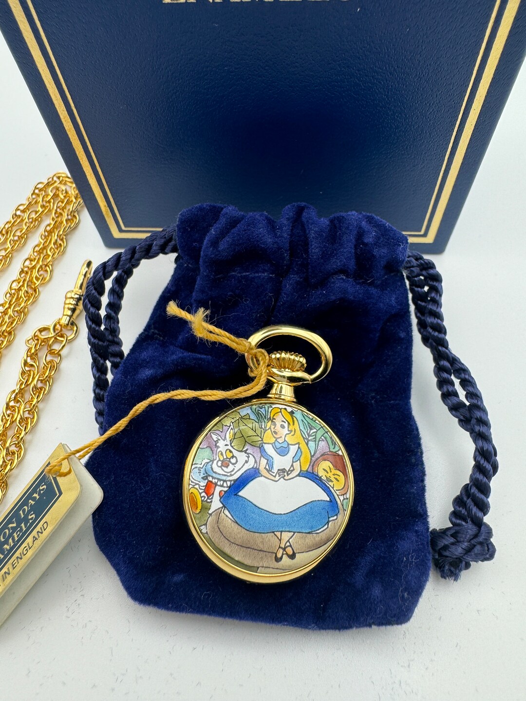 Halcyon Days Alice in Wonderland Pocket Watch W/18” Gold Plated Chain ...