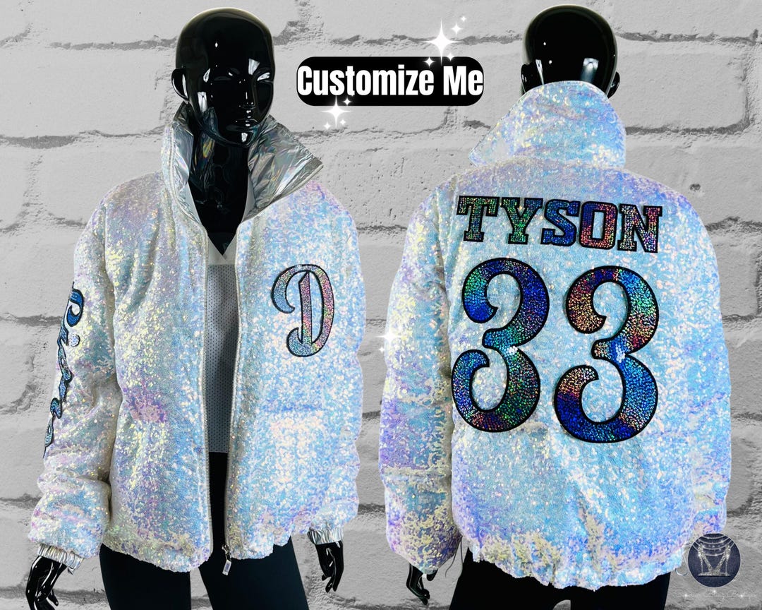 Custom White Sequin Puffer Jacket - Customize With Chest Letter, Text, Name and Number, Custom ...