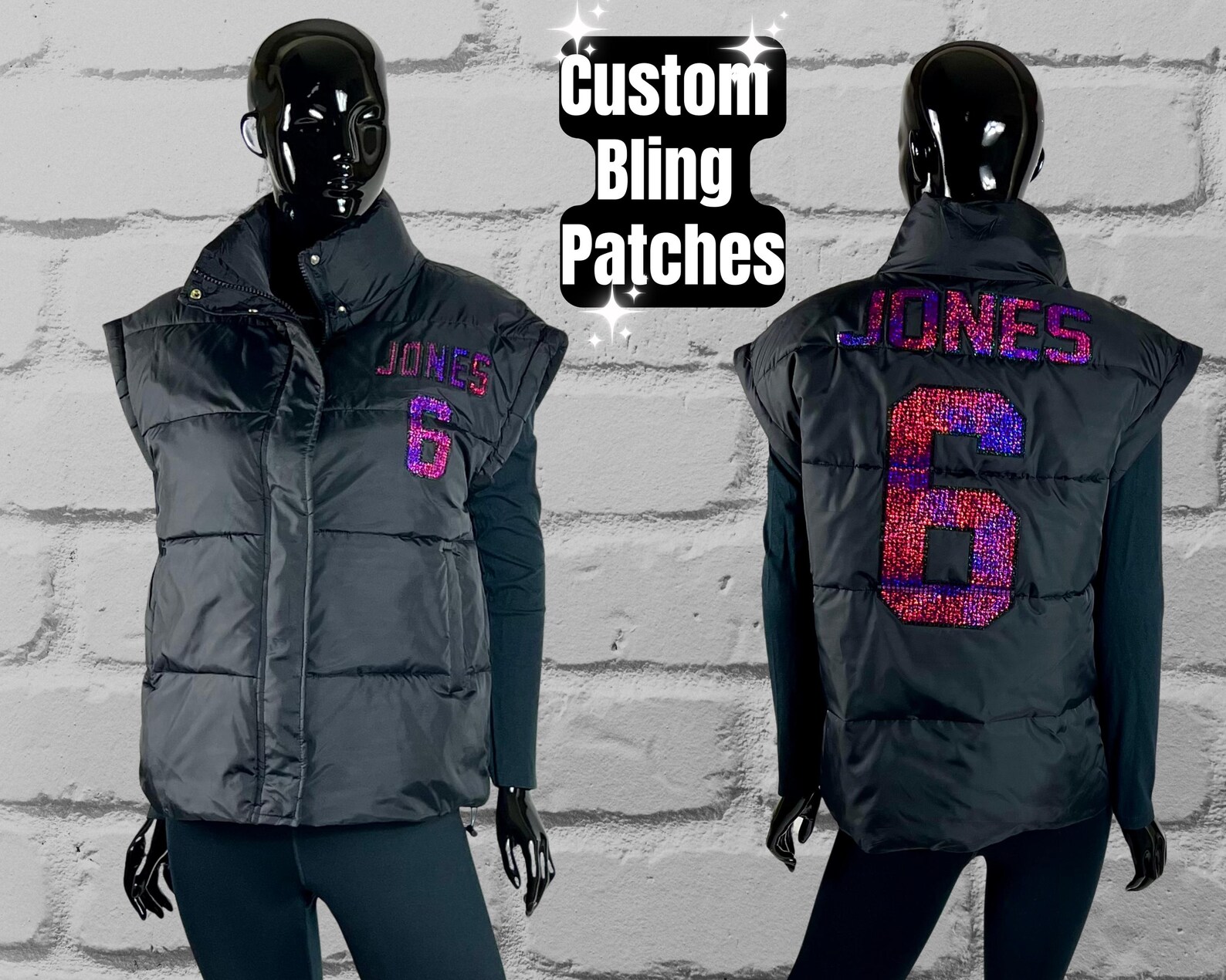 Custom Bling Oversized Patchwork Puffer Vest - Customize With Name and ...