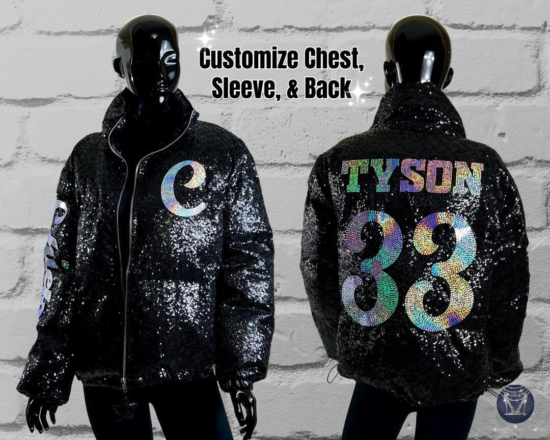 Custom Black Sequin Puffer Jacket - Customize With Chest Letter, Text, Name and Number, Custom ...
