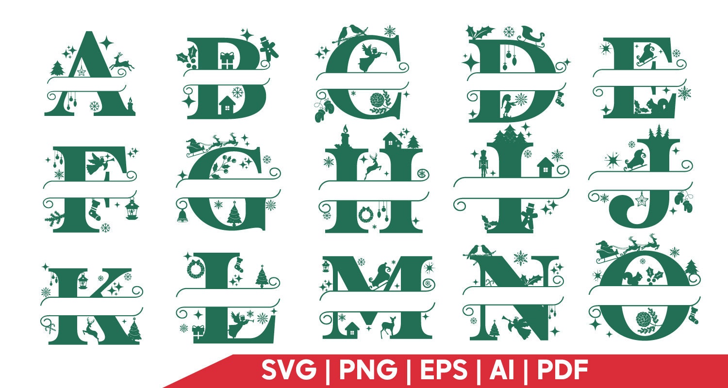 Christmas Split Alphabet SVG, Christmas Monogram Svg, Christmas Svg Cut ...