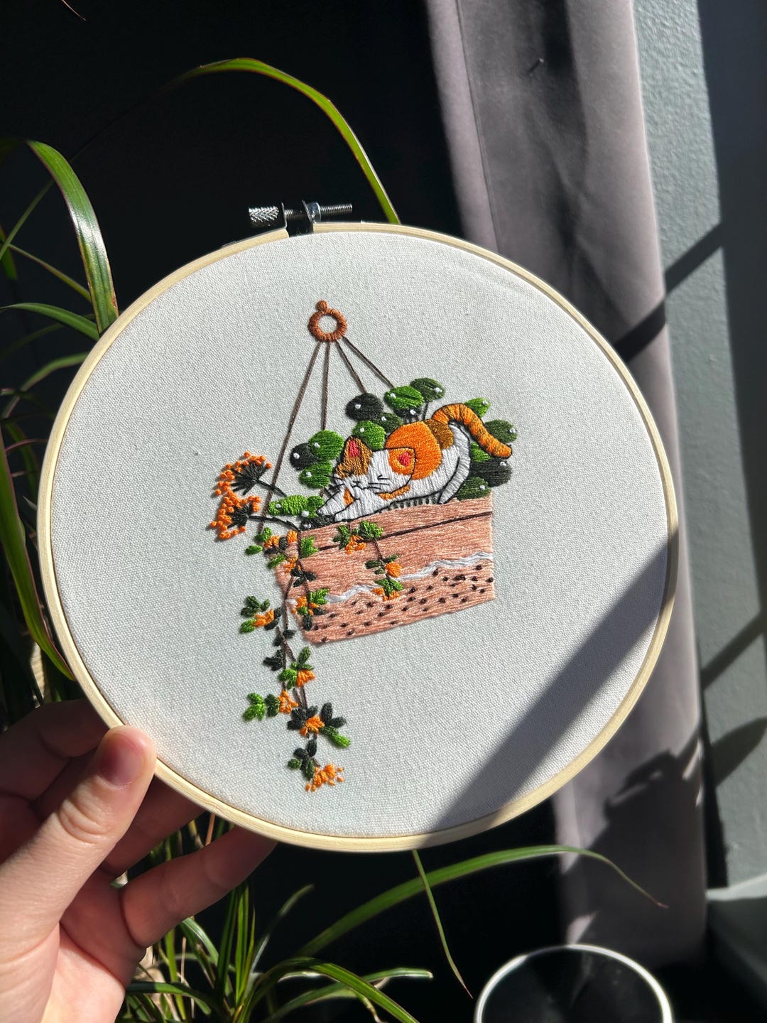 Calico Cat in Hanging Plant- Hand Embroidery - Etsy