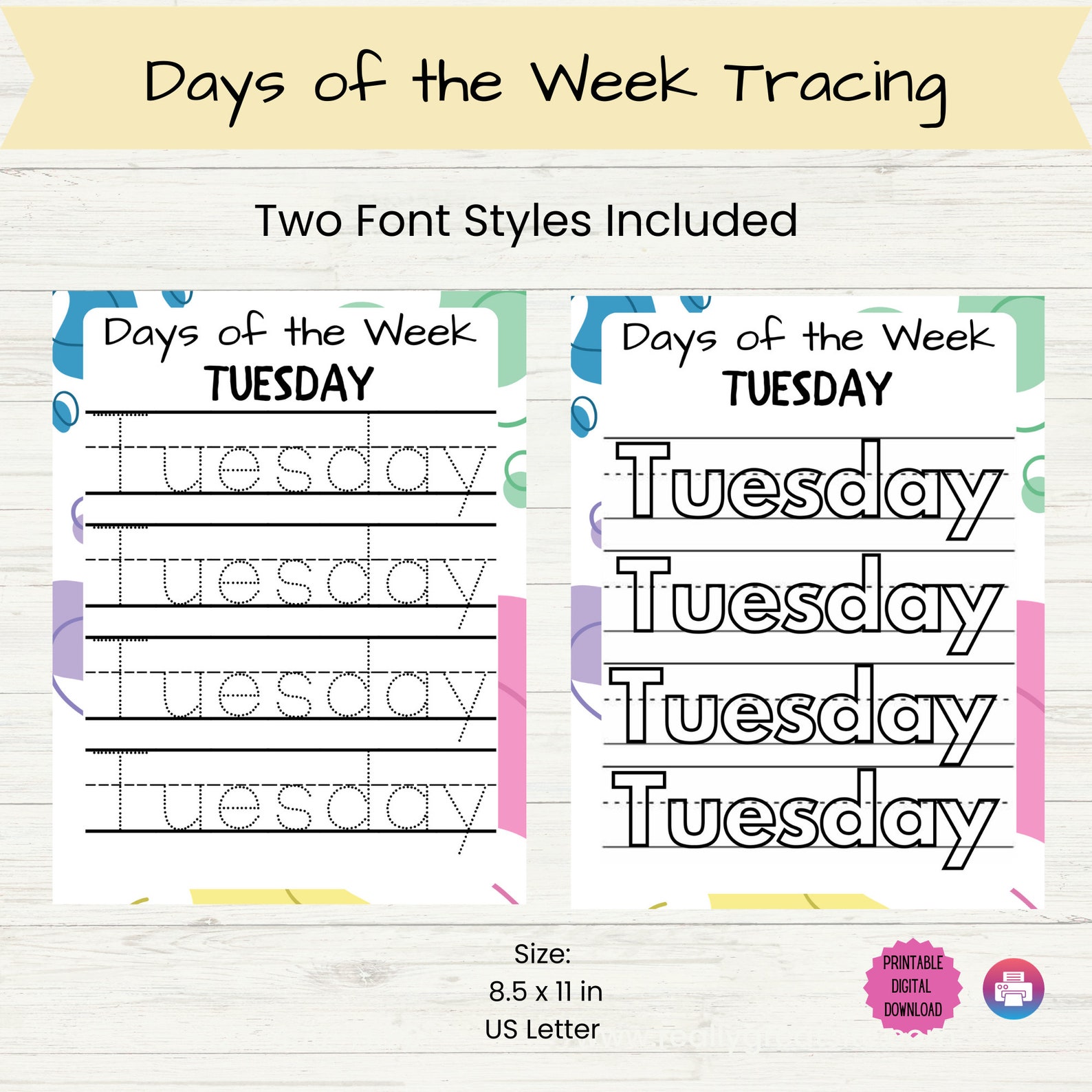 Days of the Week Tracing Color Worksheets / Tracing Printable for Pre-k ...