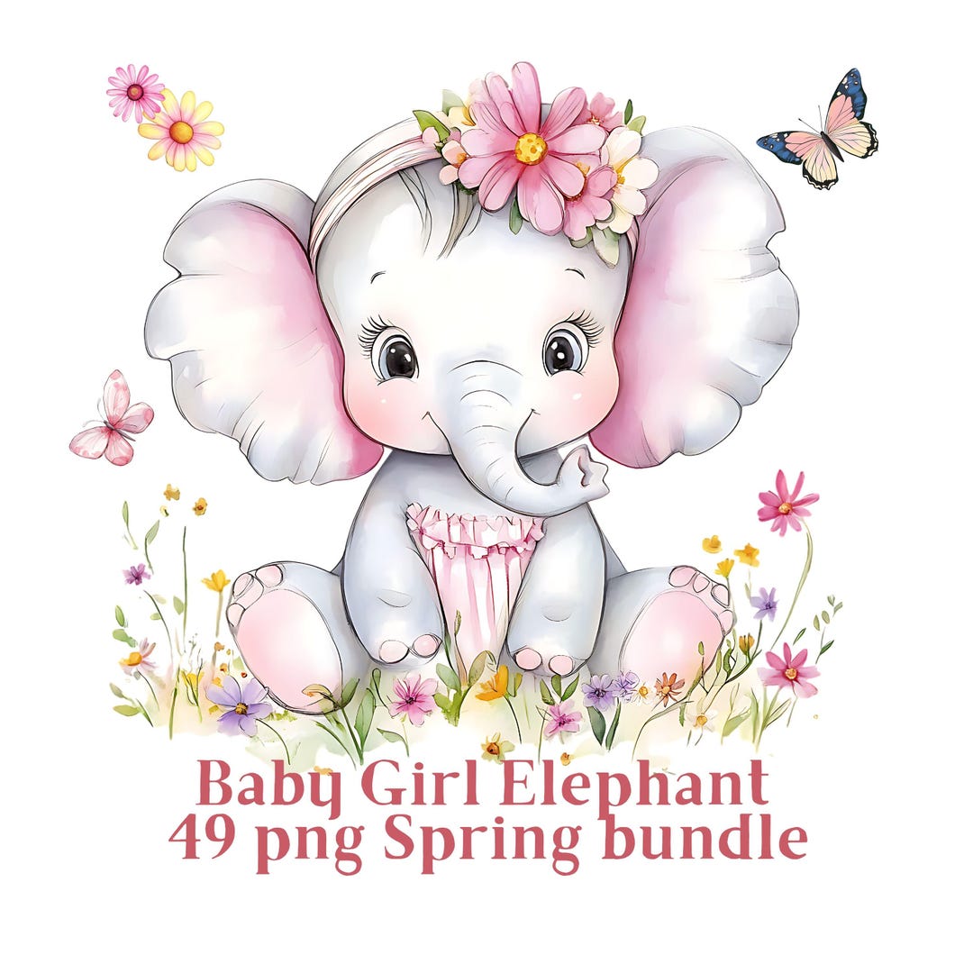 Baby Girl Elephant Clipart: Watercolor Spring Flowers, Butterflies (PNG ...