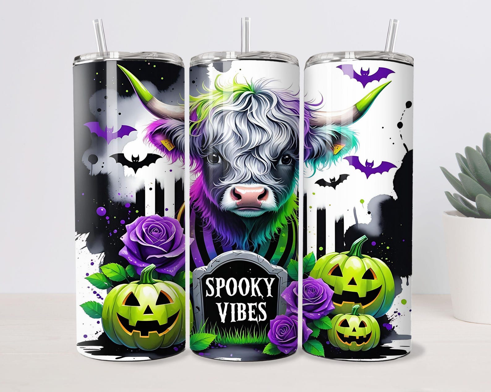 Cute Ghoul Halloween Highland Cow 20 Oz Tumbler Wrap Spooky Cow Skinny ...