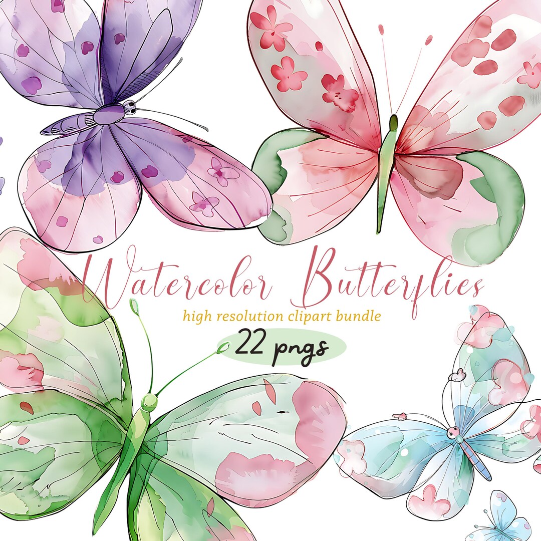 Watercolor Butterfly Clipart Bundle: Pastel Nursery Art (PNG Digital ...