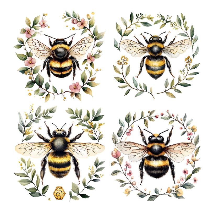 Watercolor Bee Clipart Bundle: Vintage Boho Honeybees, Pastel Flowers ...