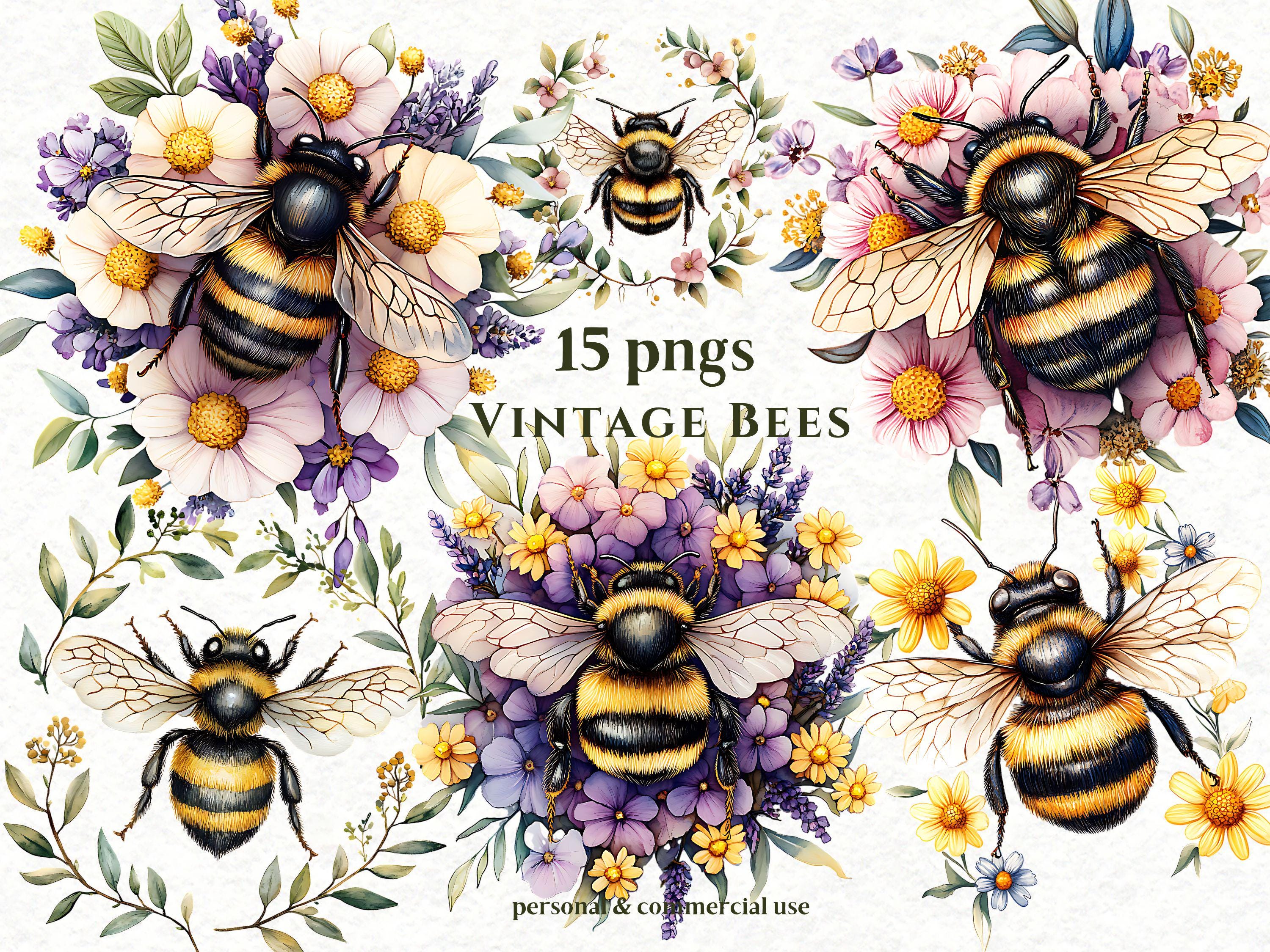Watercolor Bee Clipart Bundle: Vintage Boho Honeybees, Pastel Flowers ...