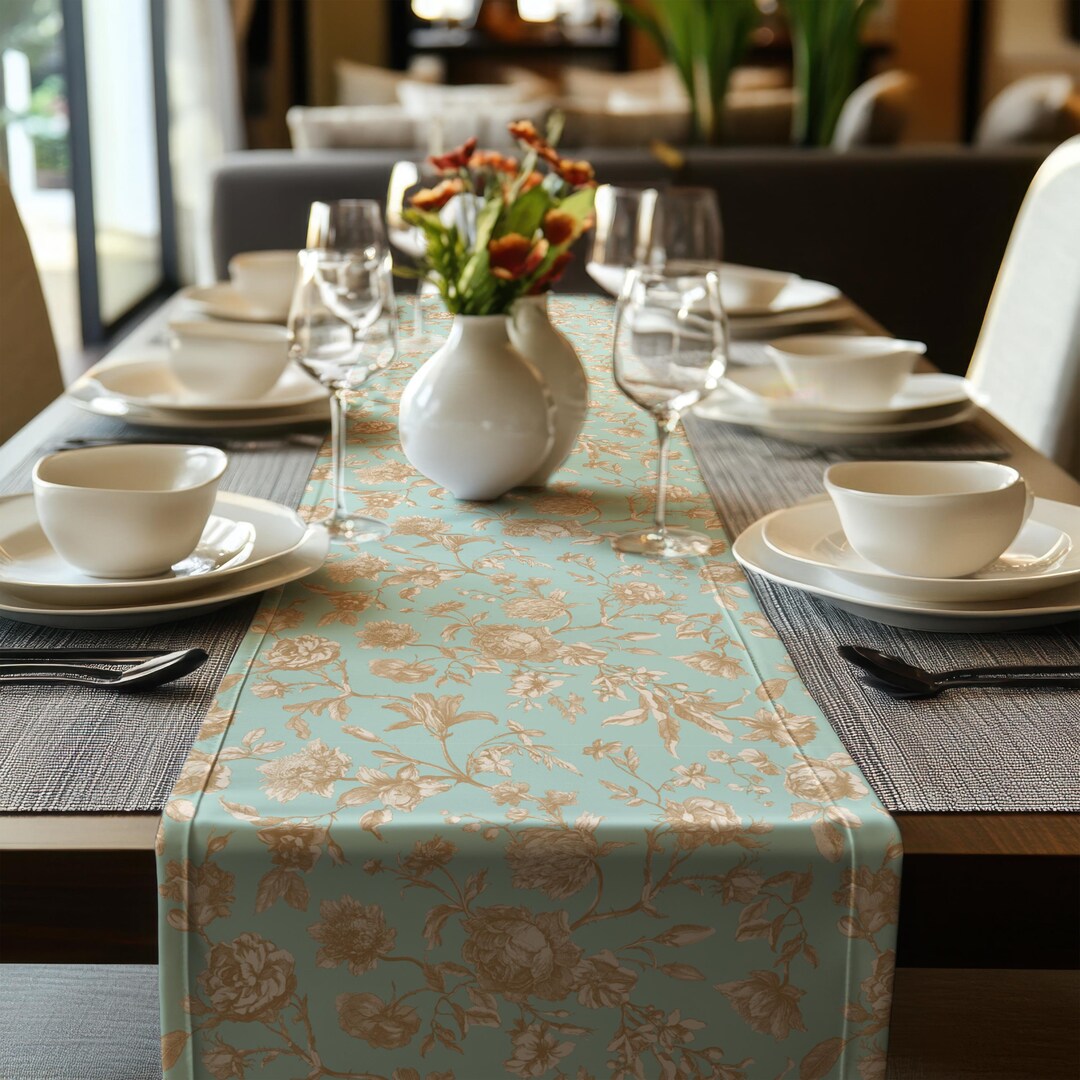 Vintage French Toile Table Runner Floral Home Decor Green Dining Room ...