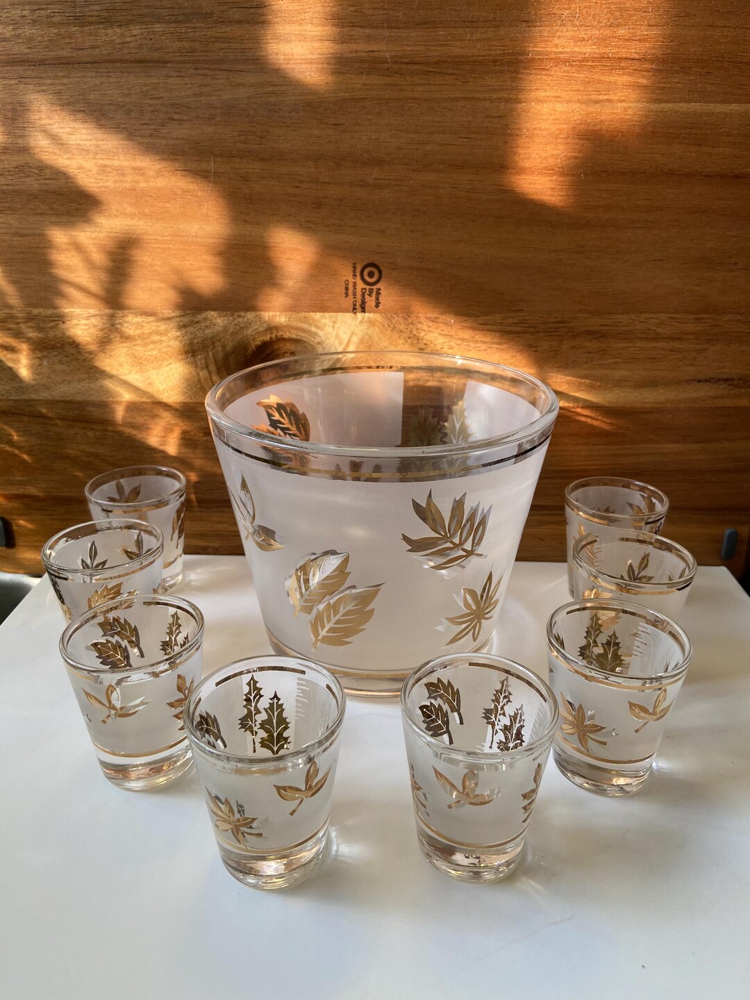 Vintage 1950s Anchor Hocking Starlyte Falling Leaf Ice Bucket and Eight ...
