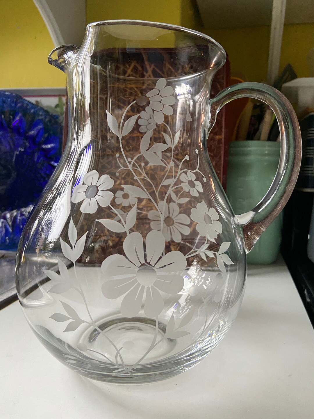 Handblown and Acid-etched, Stenciled Large Glass Pitcher With Delicate ...