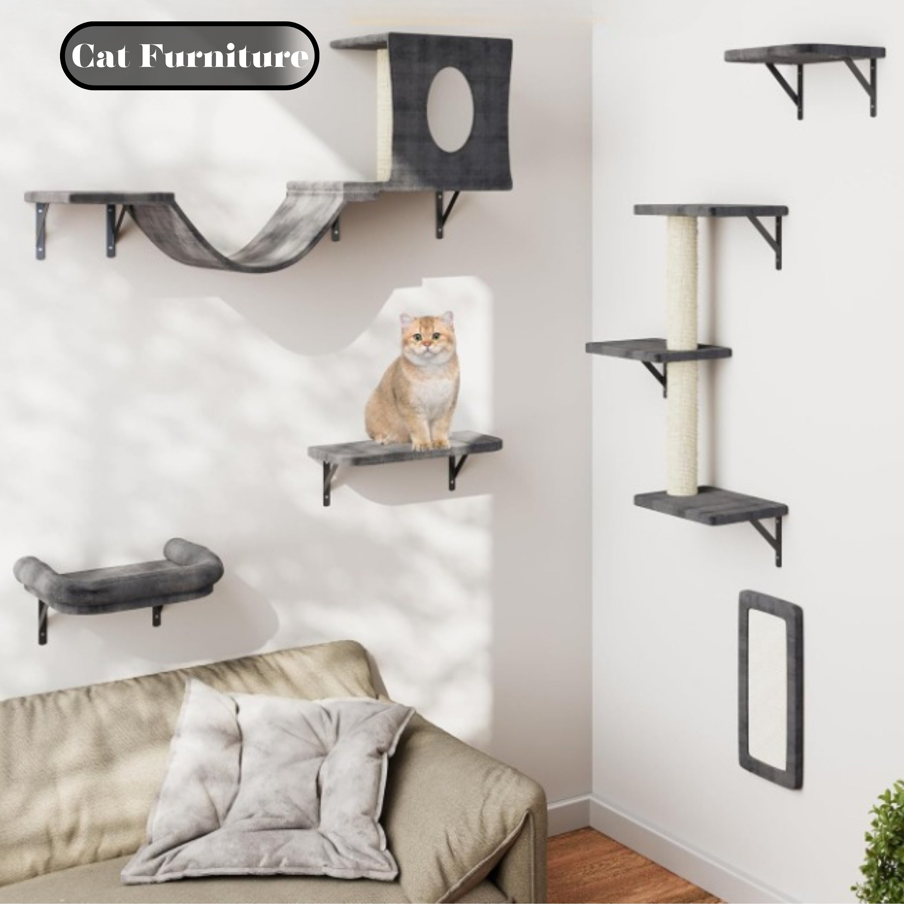 6 Pcs Cat Wall Shelves, Luxury Wall-mounted Cat Climber Set, Cat Bridge ...