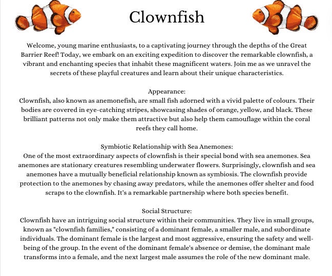 Clownfish Reading Comprehension Booklet for Kids! (ages 8-11 ...