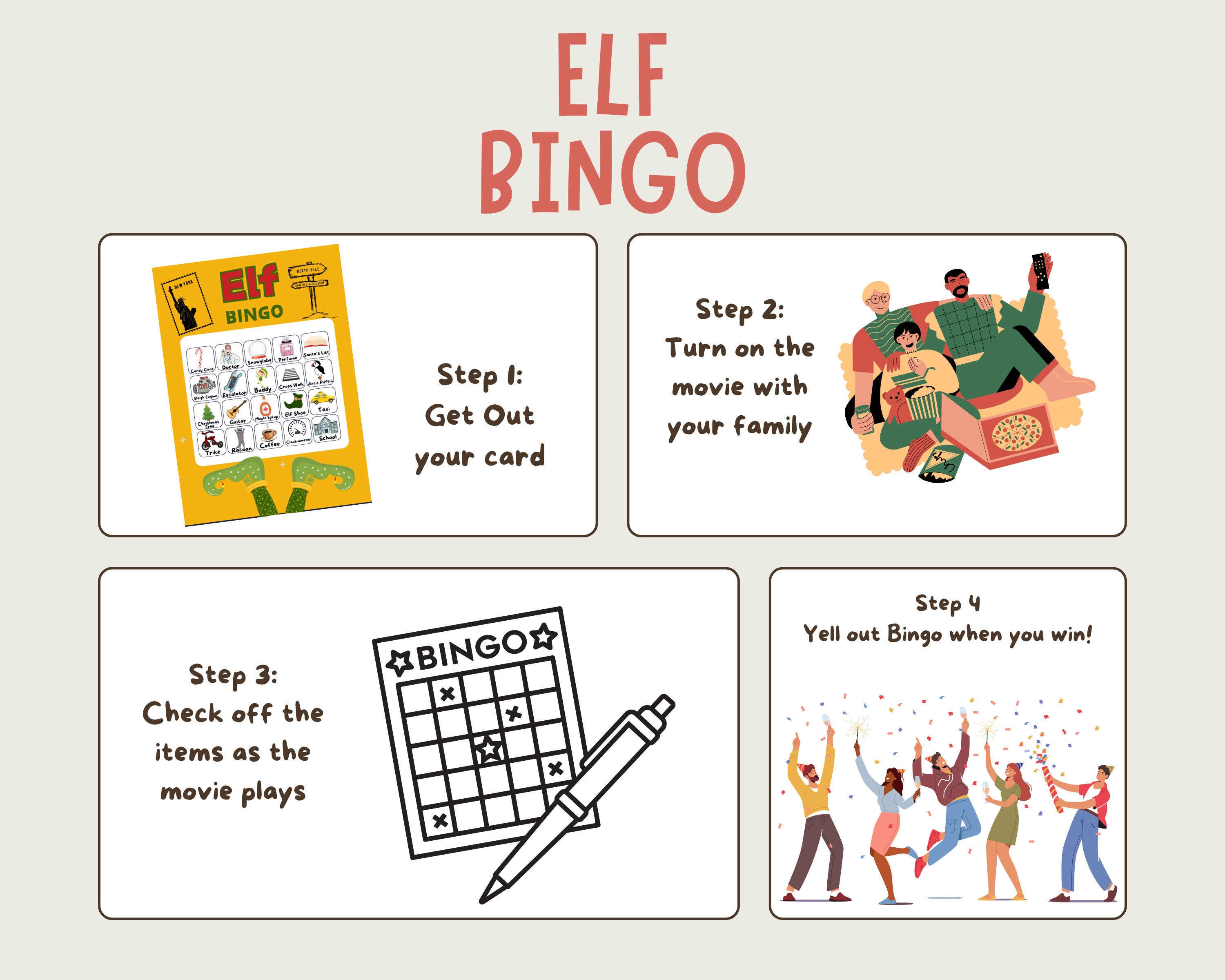 Elf Bingo Cards family Christmas Movie Activity 6 Unique Cards Template ...
