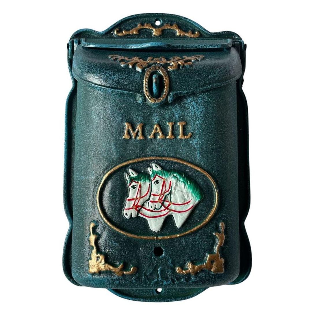 Cast Iron Horse Letter Box Mailbox Blue / Teal White Horse Gold Mail ...
