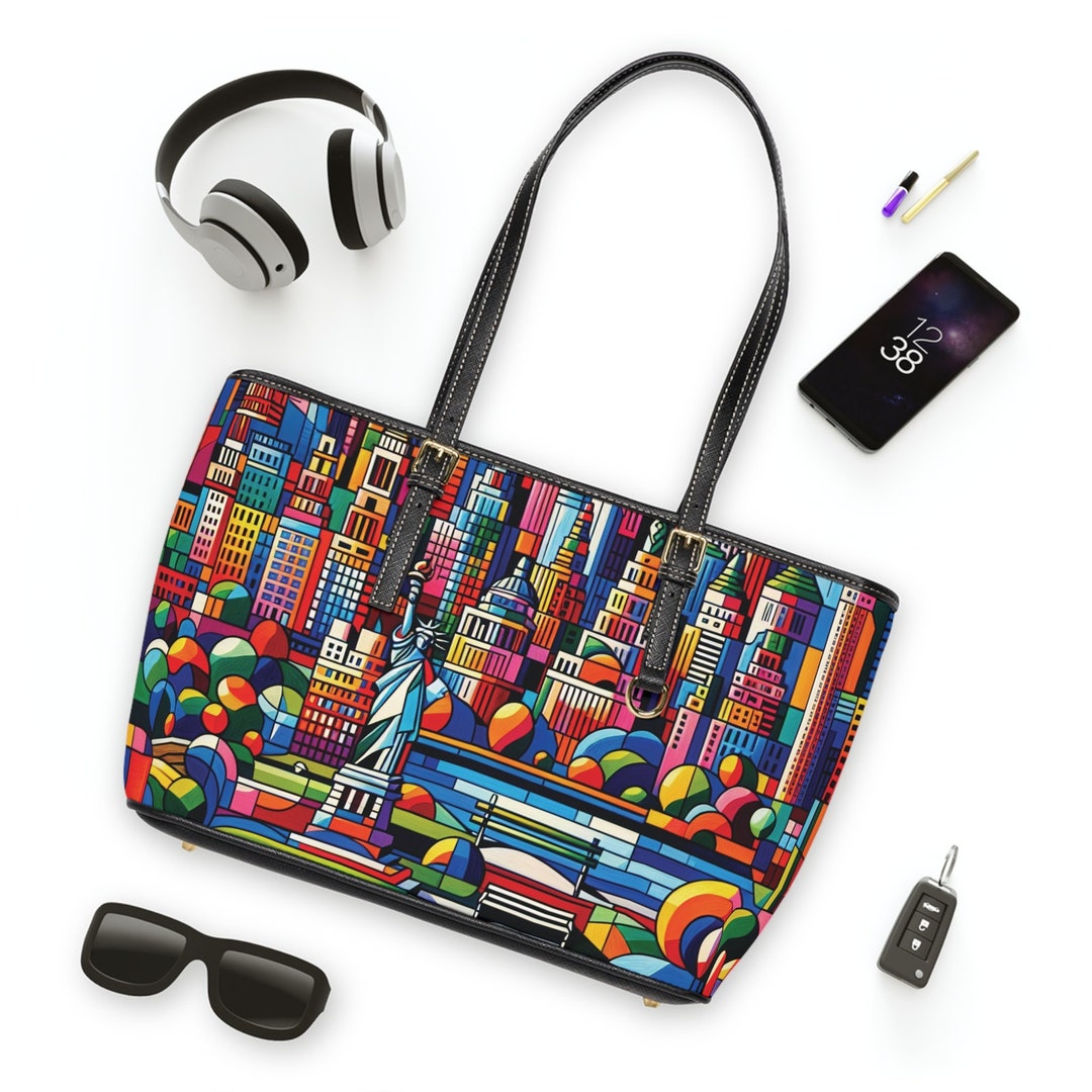 New York City Leather Shoulder Bag NYC Art Tote Vibrant Cityscape With ...