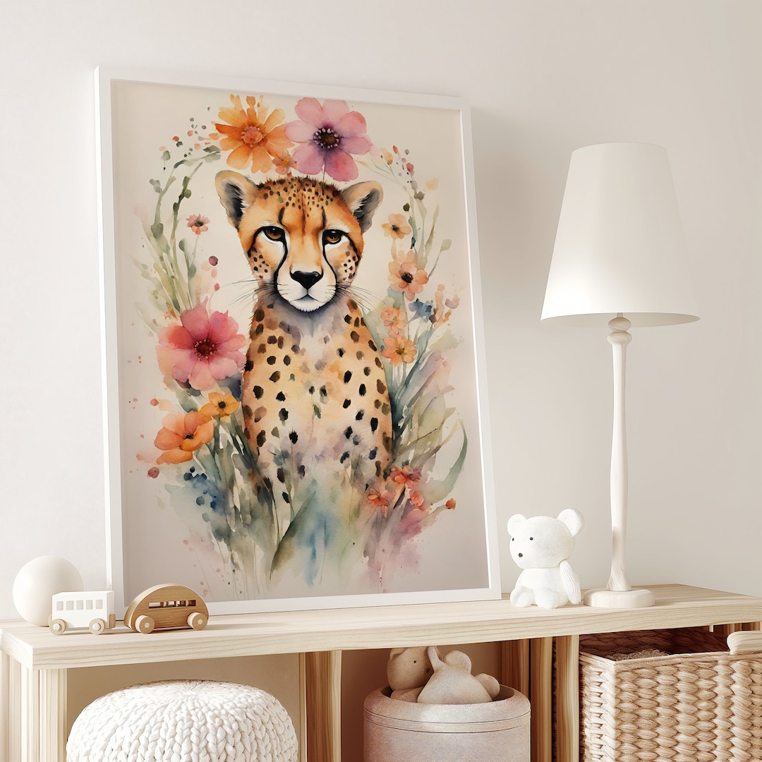 Cheetah Wall Art, Watercolor Cheetah Wall Art, Cheetah Floral Art ...