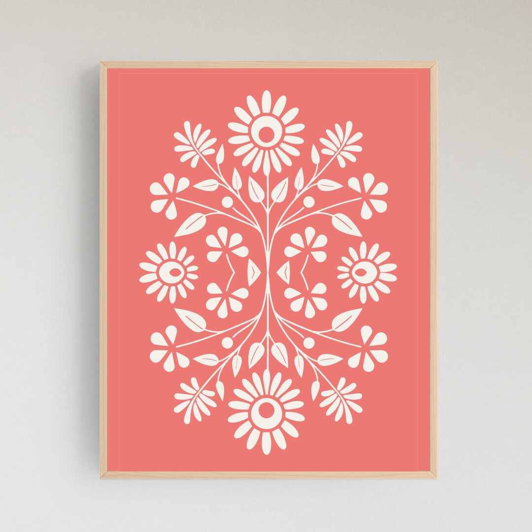 Scandinavian Folk Art. Pink Scandi Wall Art, Pink Folk Art Print ...