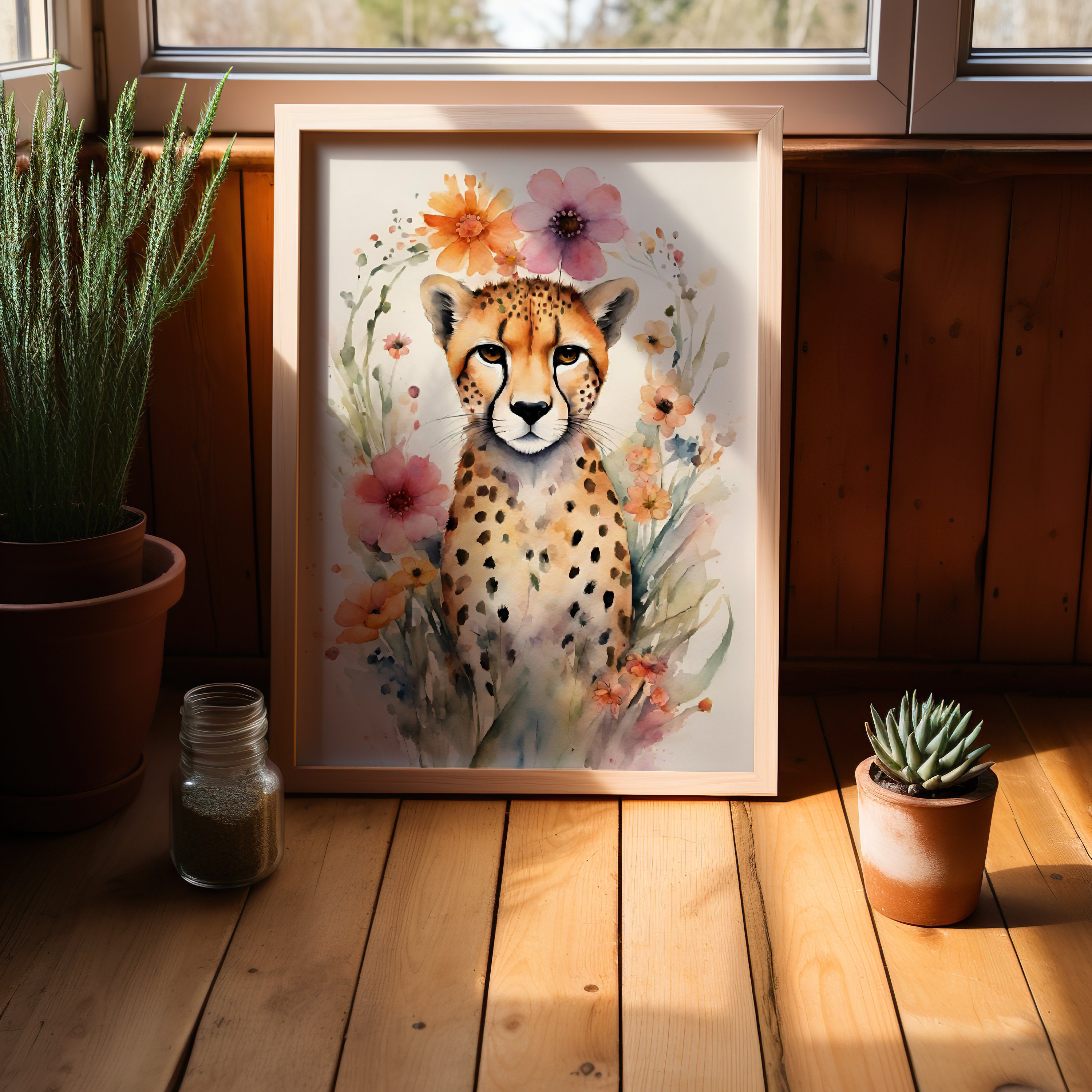 Cheetah Wall Art, Watercolor Cheetah Wall Art, Cheetah Floral Art ...