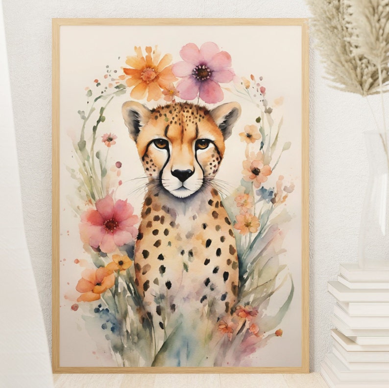 Cheetah Wall Art, Watercolor Cheetah Wall Art, Cheetah Floral Art ...
