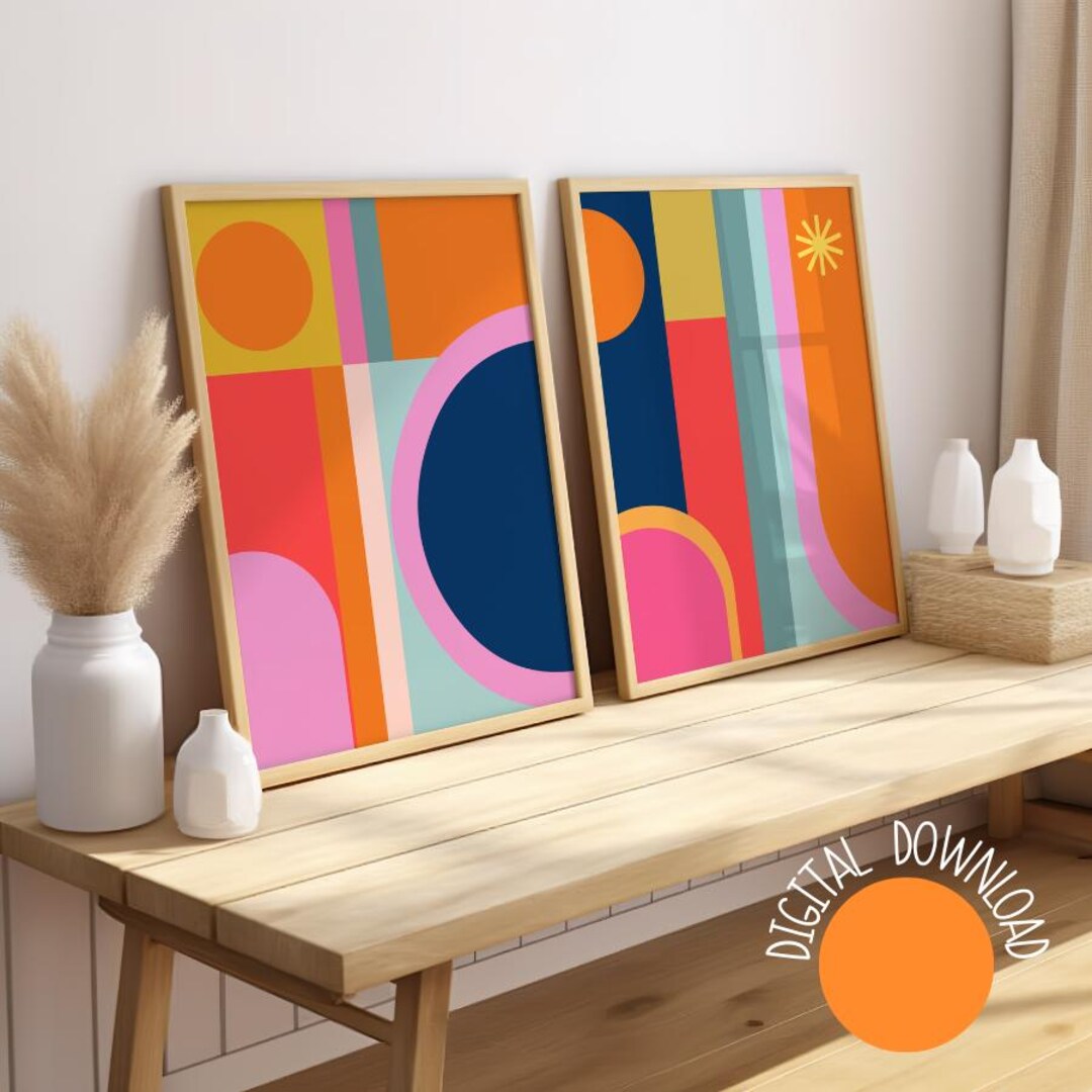 Mid Century Modern Geometric Print: Abstract Colorful Shapes (digital ...