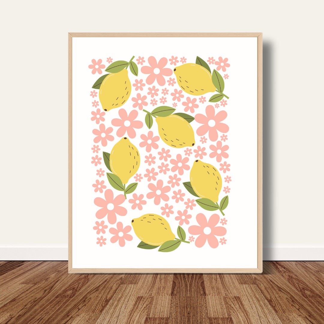 Lots of Lemons and Pink Flowers Wall Art Print Vibrant Colorful Kitchen ...