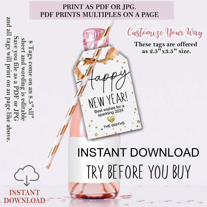 New Year's Eve Gift Tag Template, Printable Gold Confetti NYE Favor ...