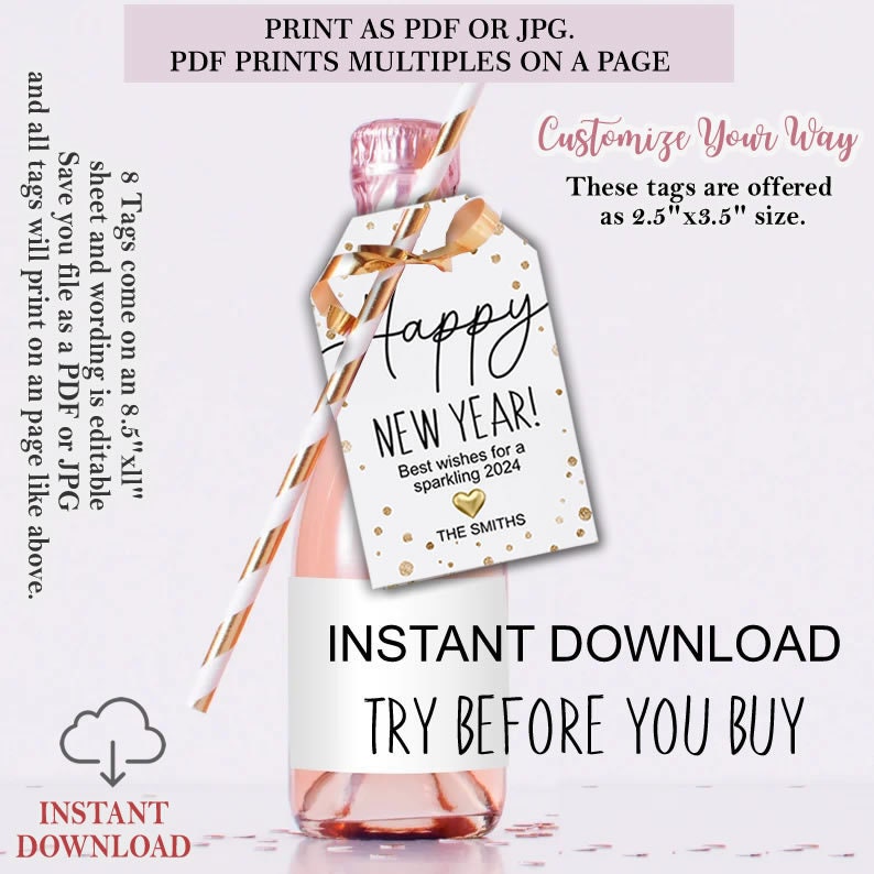 New Year's Eve Gift Tag Template, Printable Gold Confetti NYE Favor ...